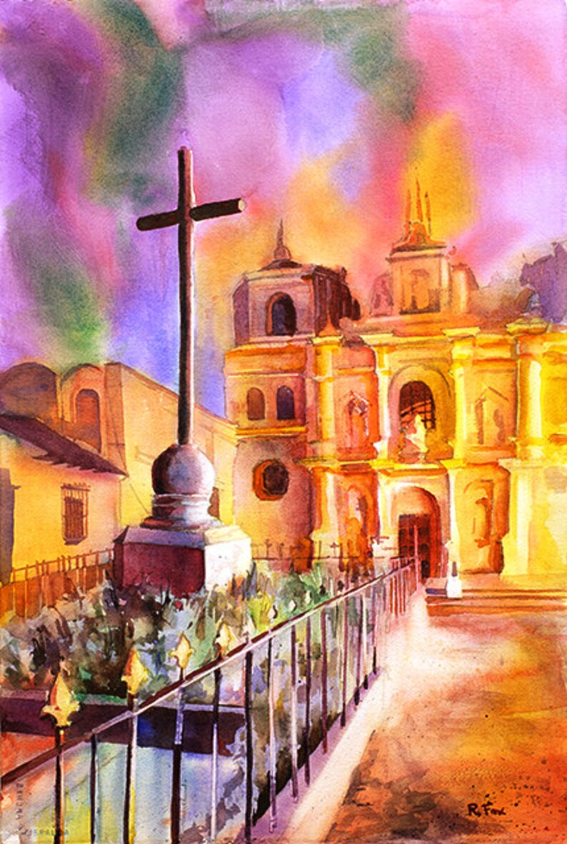 Iglesia en Antigua Guatemala Arte Antigua pintura Acuarela - Etsy España