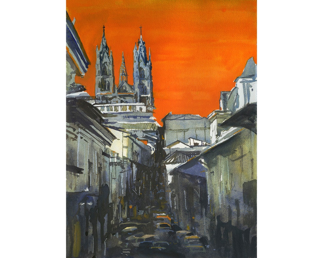 Watercolor Painting Basilica Quito, Ecuador Skyline. Colorful Wall Art ...