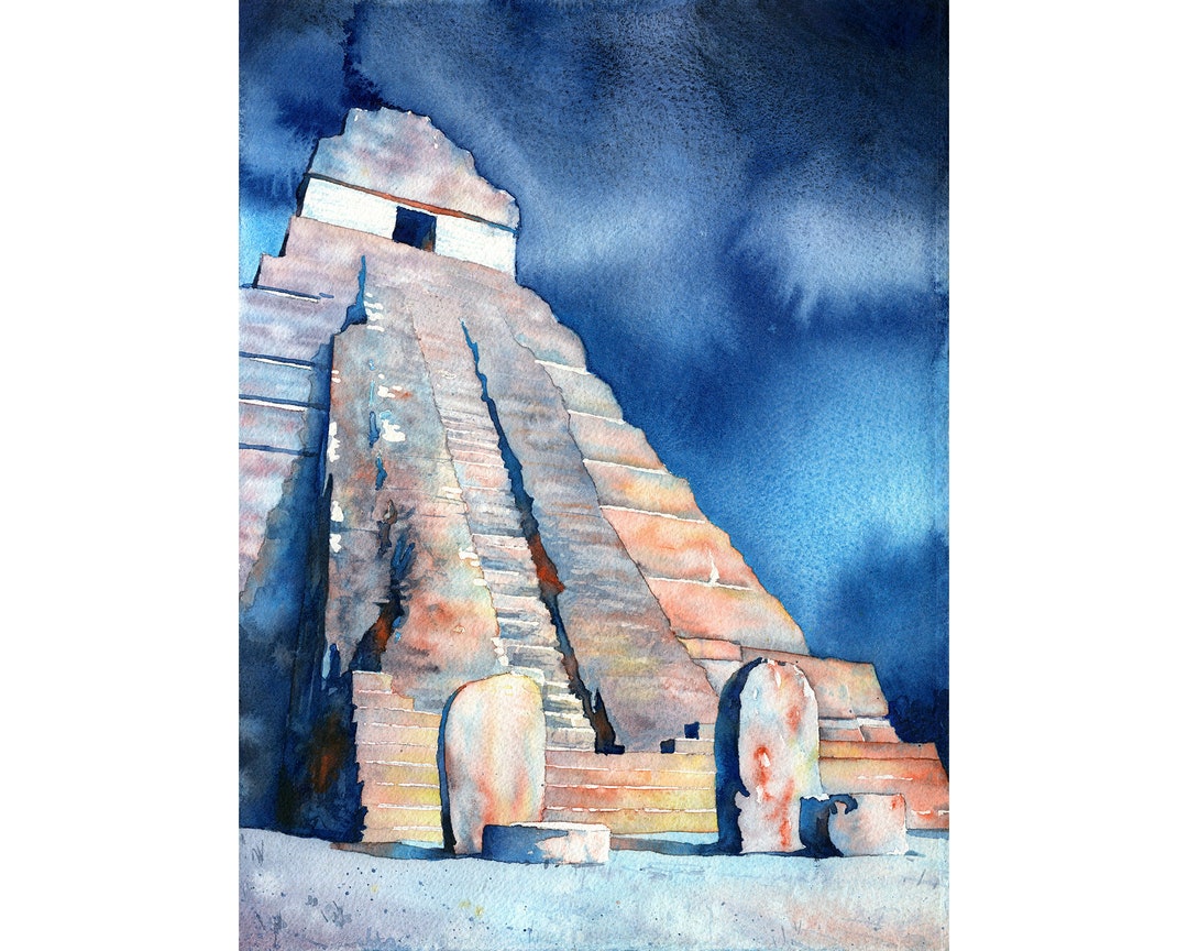 Tikal Guatemala Ruins Watercolor - Central America Archaeology Art ...