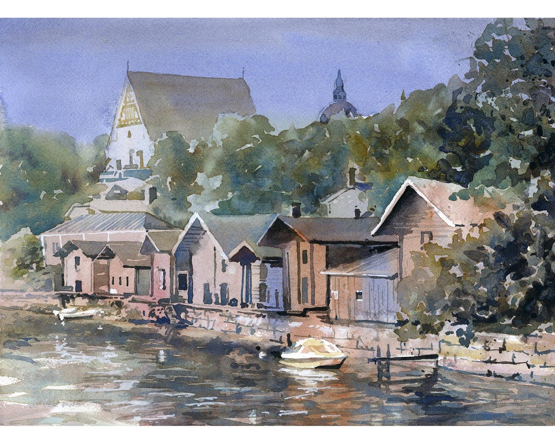 Porvoo Finland Watercolor Painting: Cathedral & Old Town Cityscape Art ...