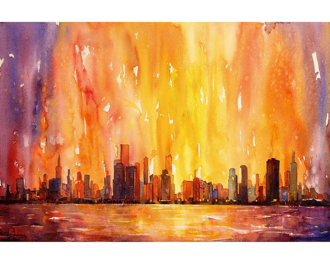 Colorful Landscape Sunset Art Chicago Skyline Lake Michigan ...