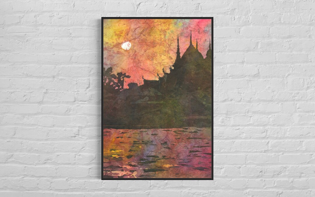 Bangkok Skyline Wat Arun Watercolor Batik Landscape Painting, Travel ...