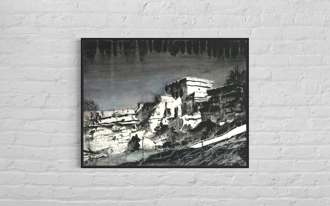 Beach Decor Mayan Ruins Tulum Mexico. Watercolor Painting Mayan Ruins ...