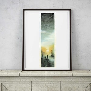 Green Sunset Watercolor Landscape. Fine Watercolor Sunset With ...