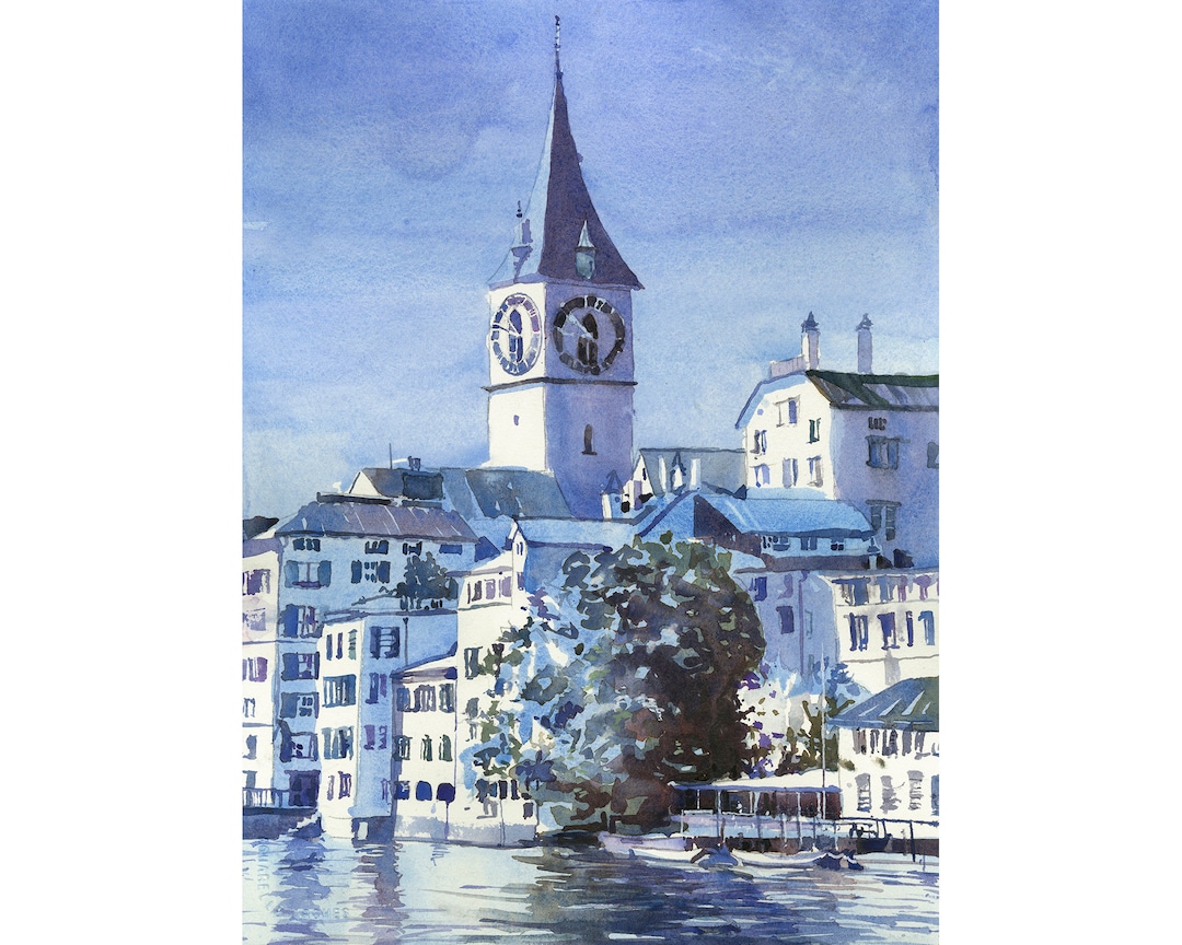 Zurich Switzerland Original Watercolor Painting– Swiss Church Landscape ...