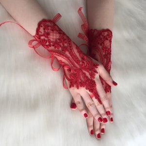 Wedding Red Gloves, Red Lace Bridal Glove, Sexy Red Glove, Evening Hand ...