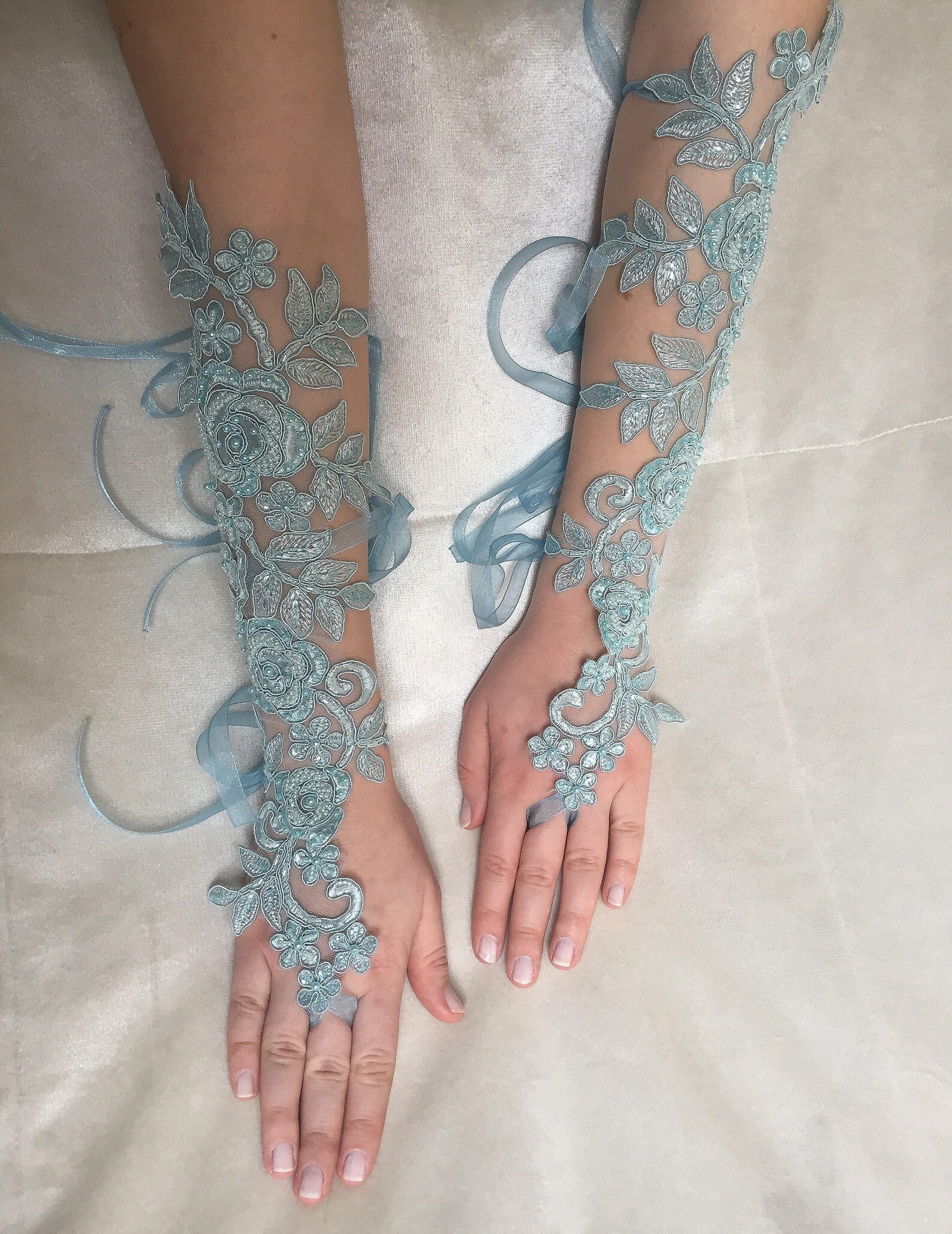 Turquoise Blue Long Gloves Bridal Lace Gloves Wedding Blue - Etsy