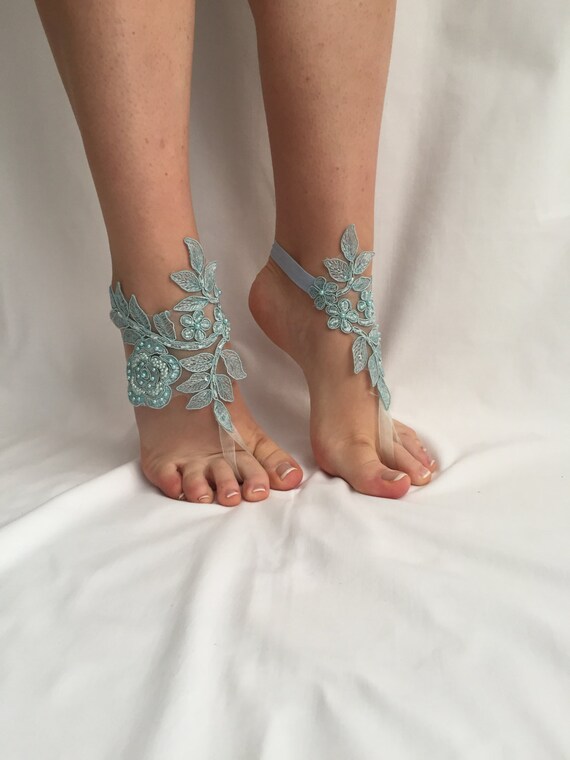 Bridal Lace Sandals Turquoise Blue Barefoot Sandals Bridal - Etsy