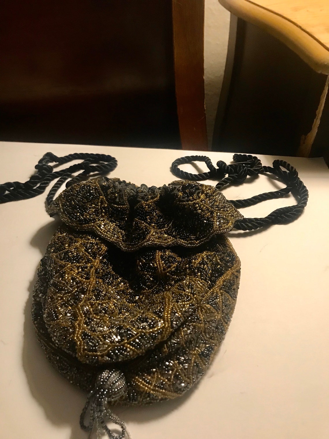 Vintage Black & Gold Beaded Drawstring Bag - Etsy