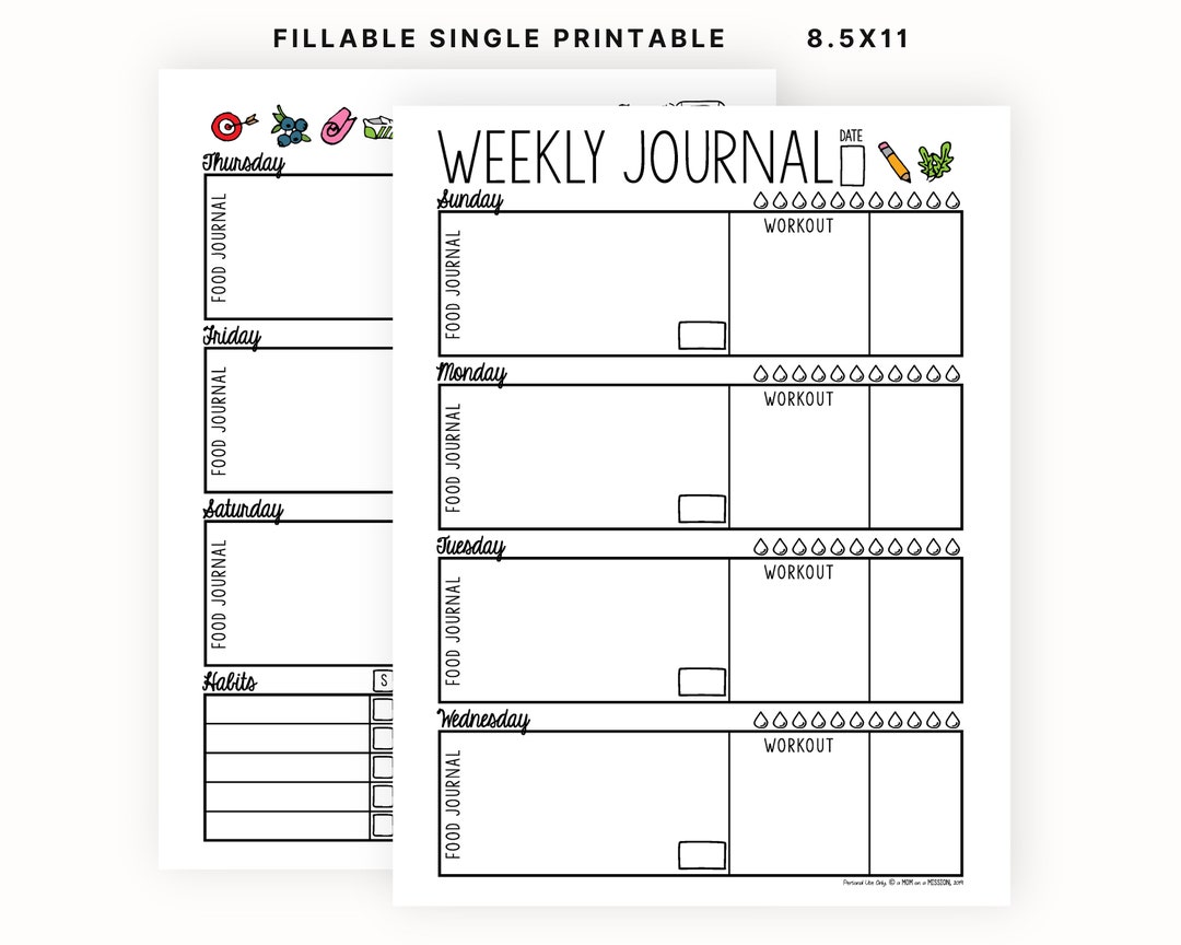Weekly Health & Fitness Journal - Food, Water, Habits, and Workouts ...