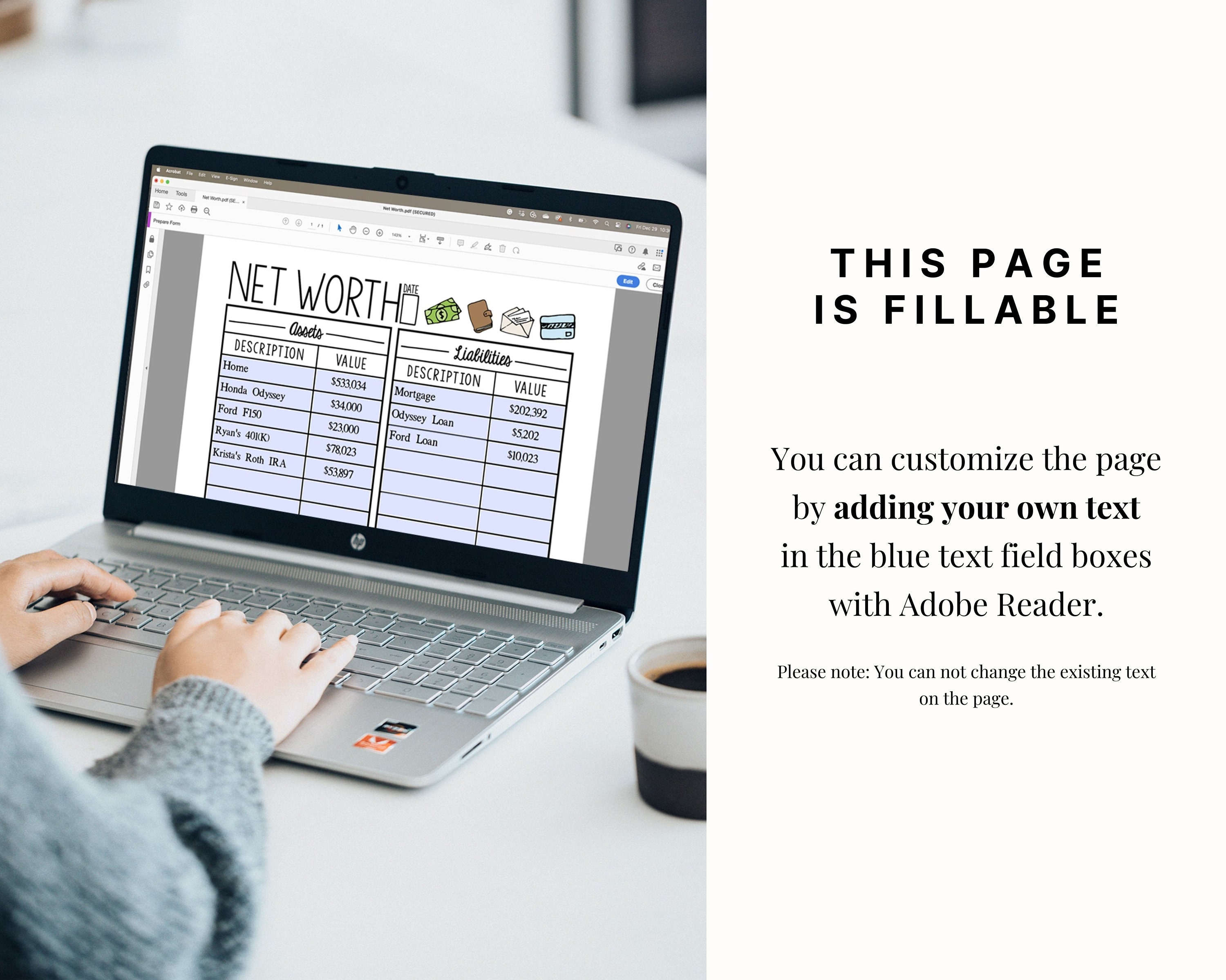 Net Worth Worksheet | Printable and Fillable PDF - Etsy