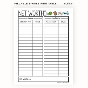 Net Worth Worksheet | Printable and Fillable PDF - Etsy