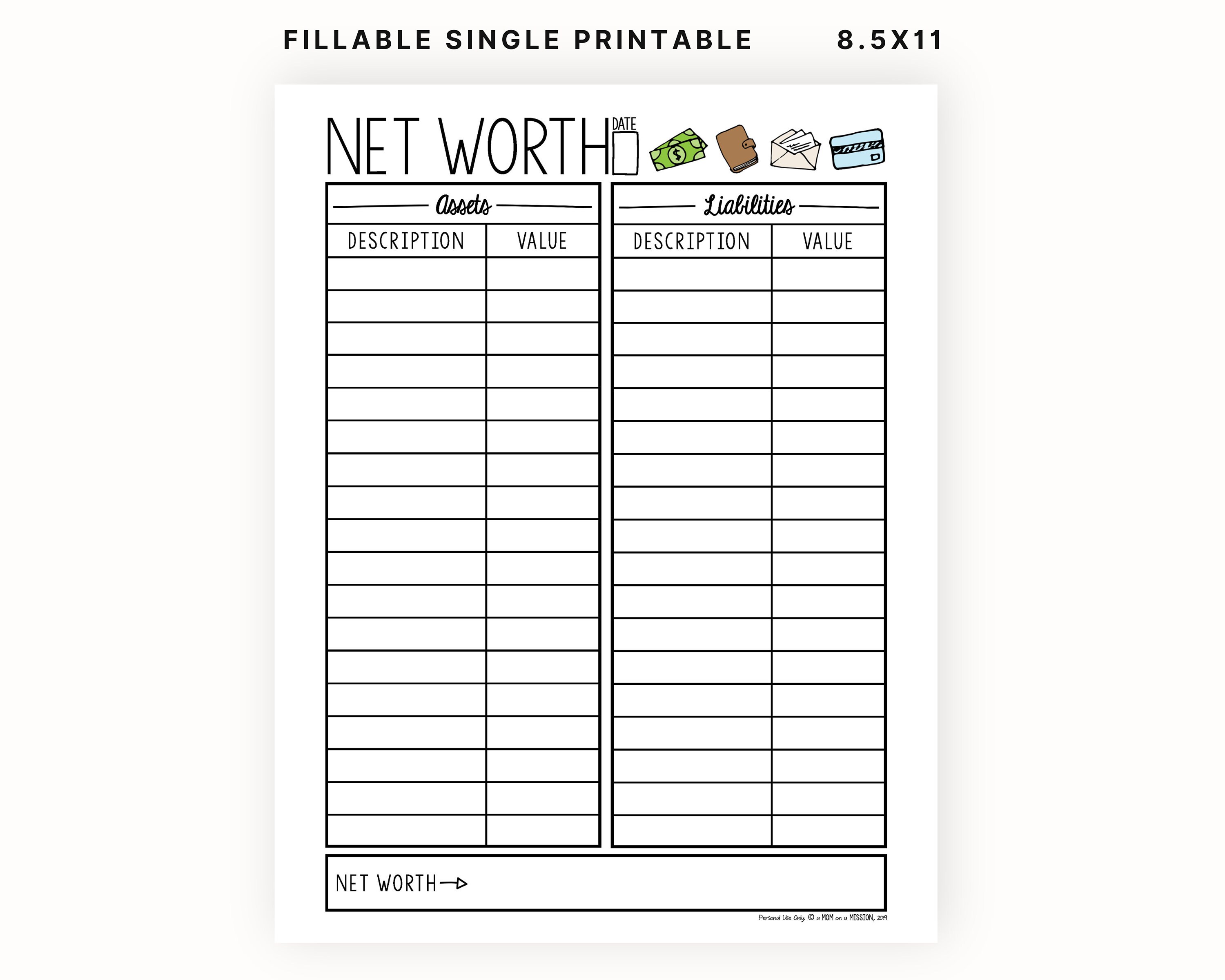Net Worth Worksheet Printable and Fillable PDF - Etsy