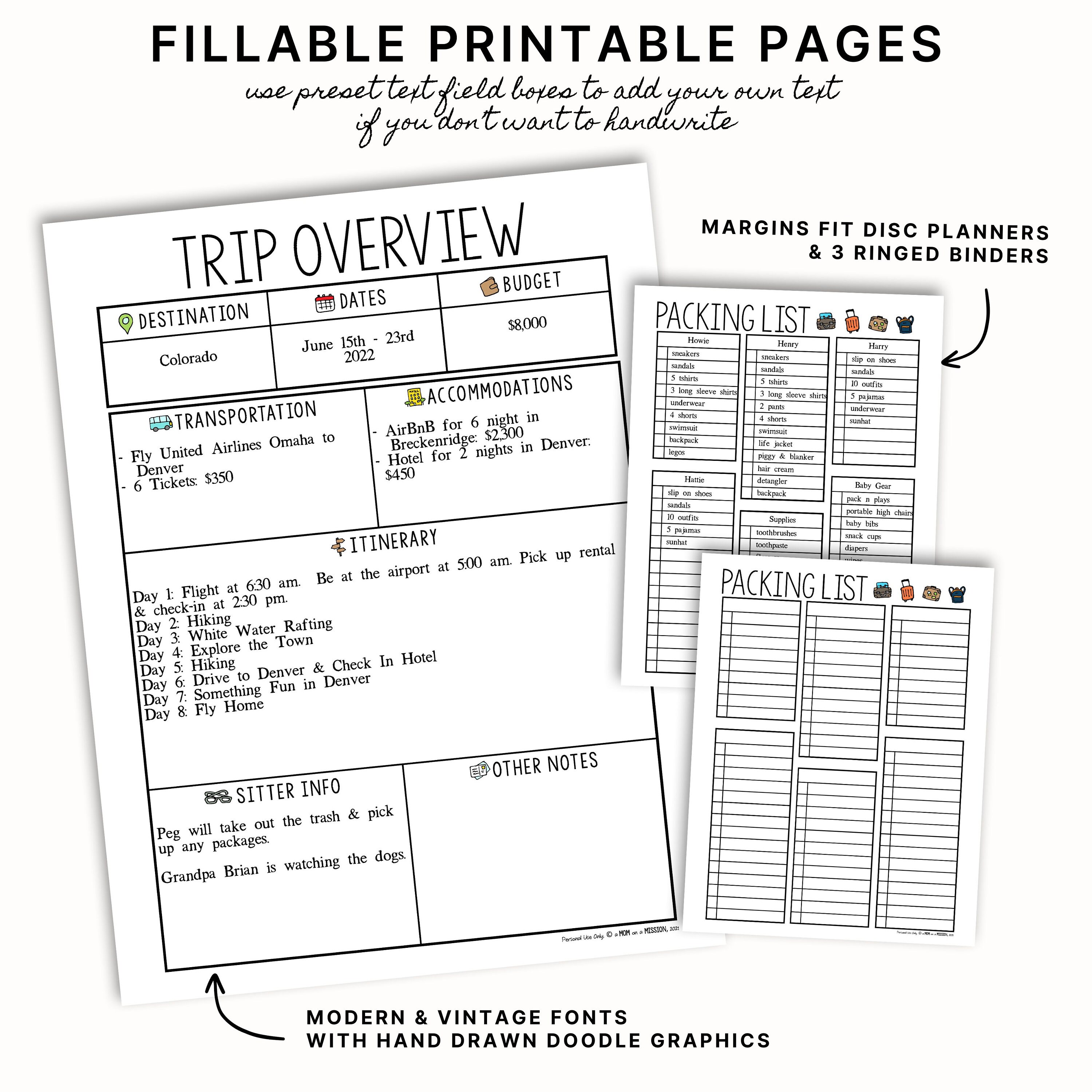 Travel Planner Printables | Family Vacation | Trip Itinerary | Getaway ...