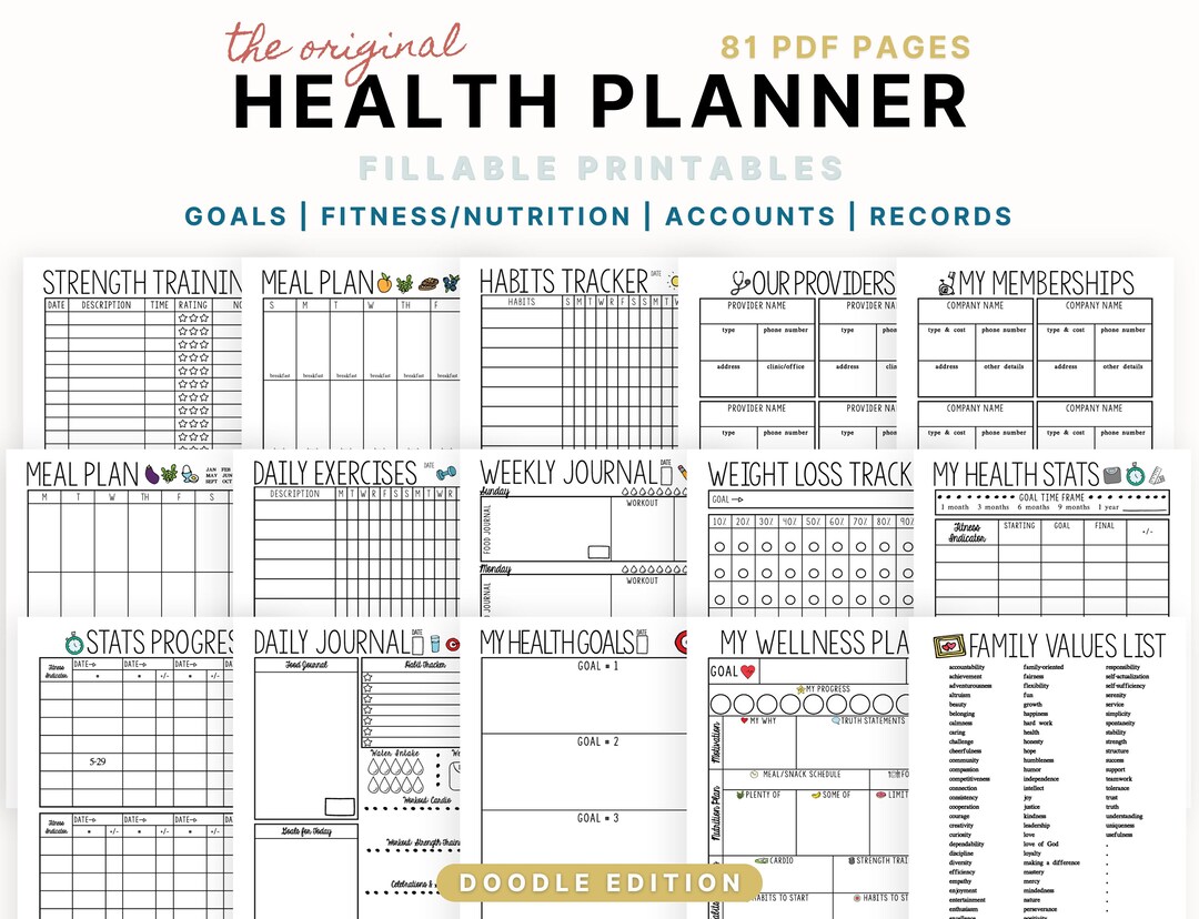 Health & Wellness Planner Printables Fitness Nutrition Trackers Digital ...