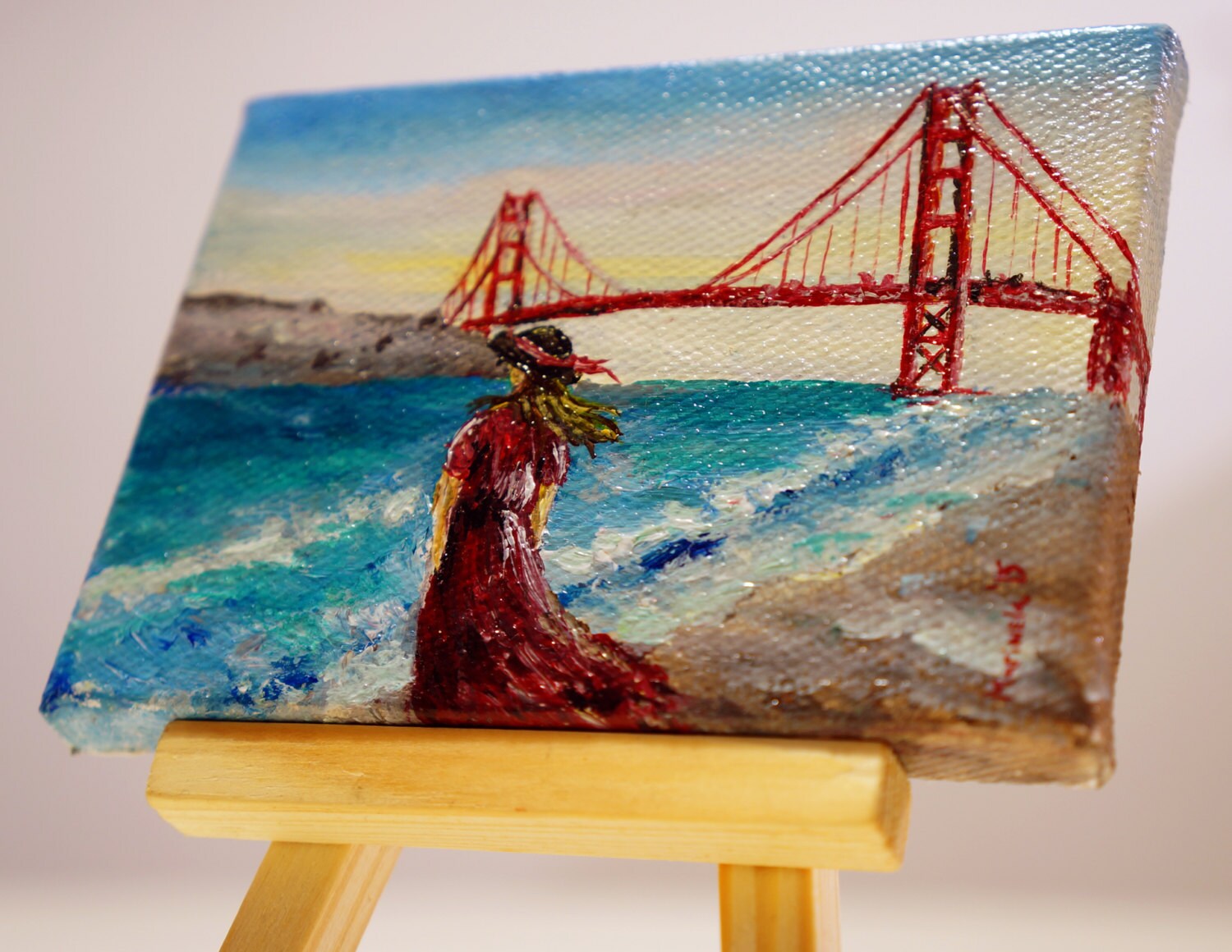 Girl in a Red Dress & Golden Gate Bridge San Francisco Painting by ...