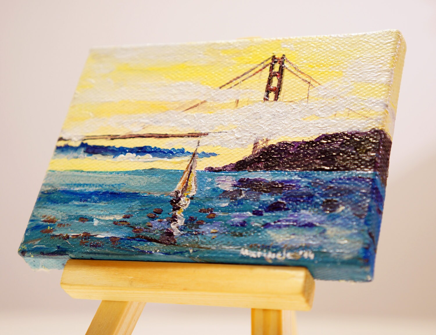 Boat Infront of the Foggy Golden Gate Bridge Painting by Marinelaart ...