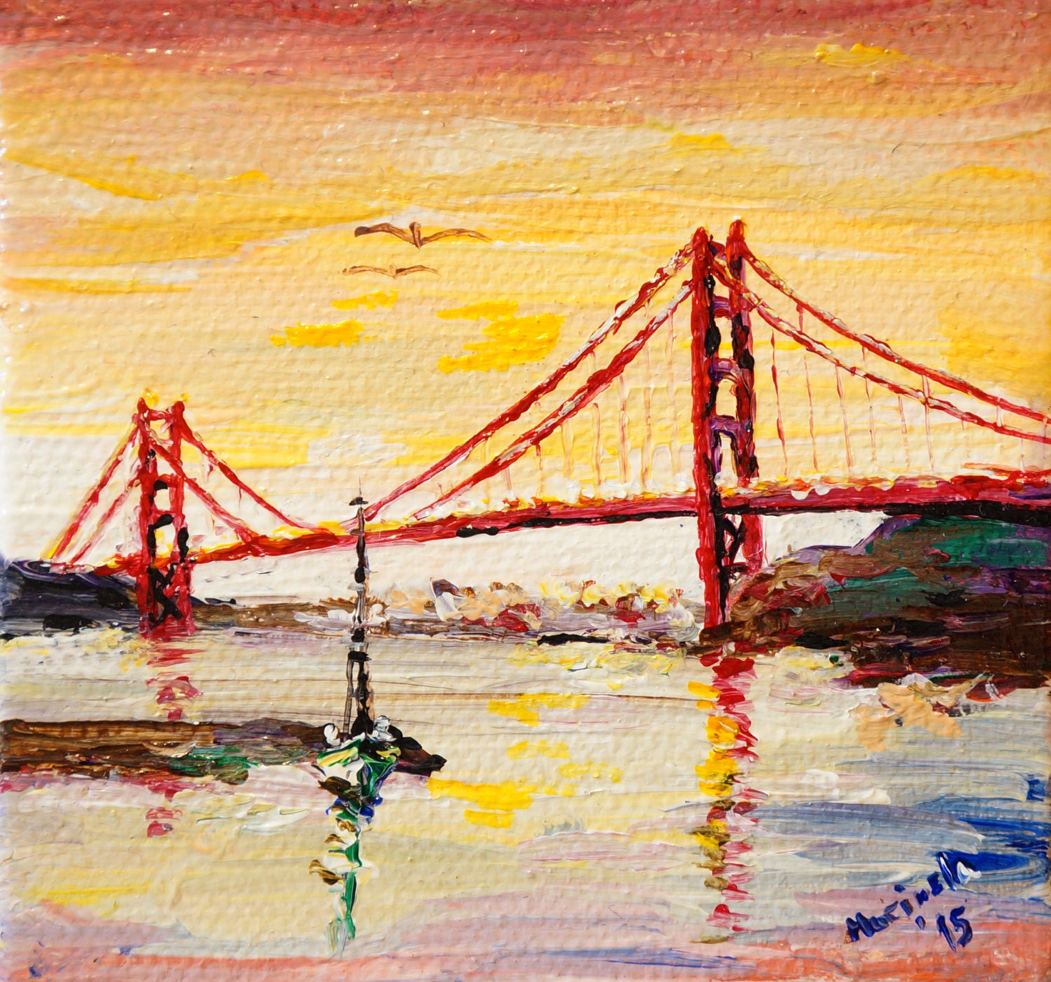 San Francisco Golden Gate Bridge With Boat Painting by - Etsy