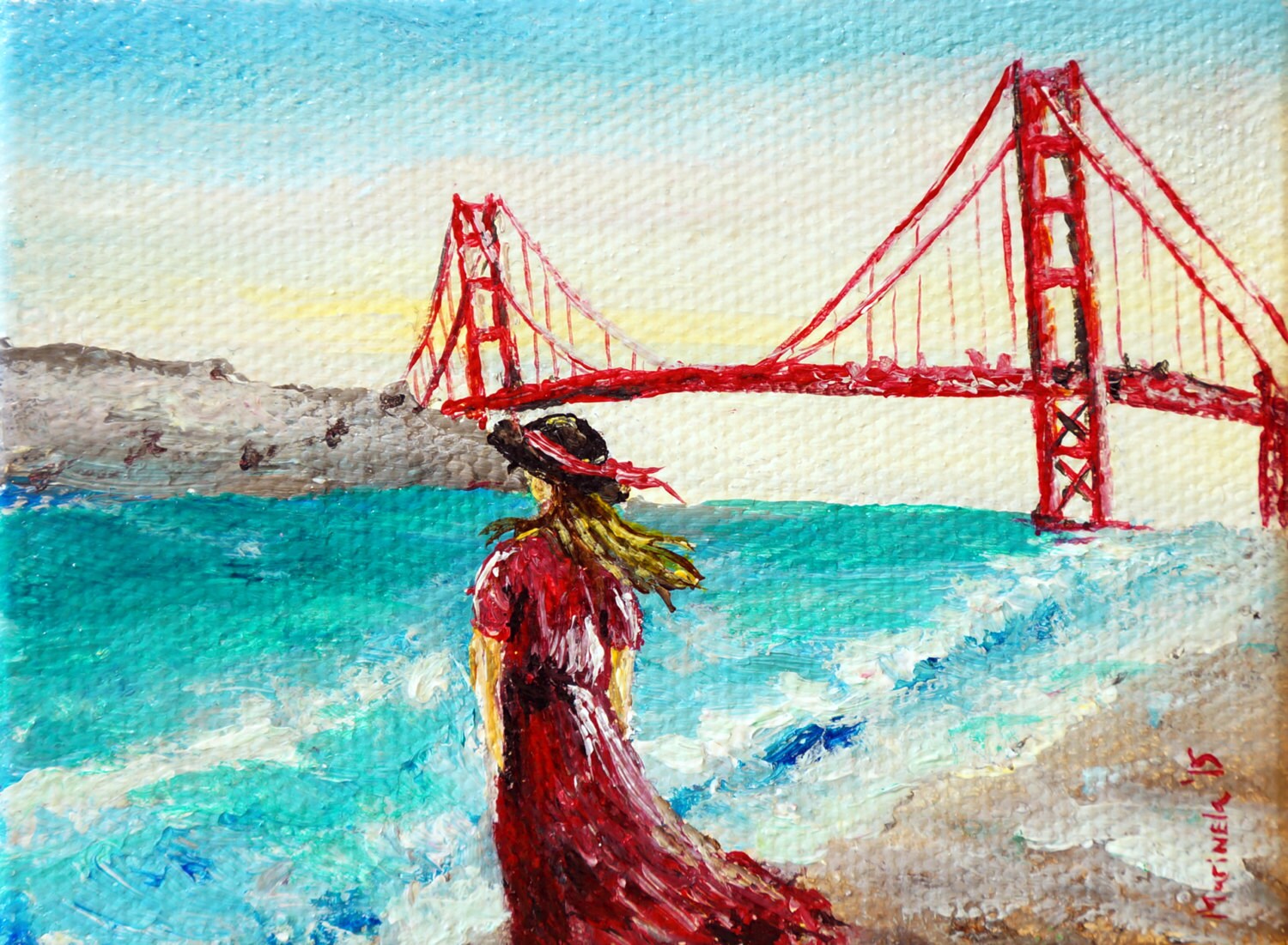 Girl in a Red Dress & Golden Gate Bridge San Francisco Painting by ...