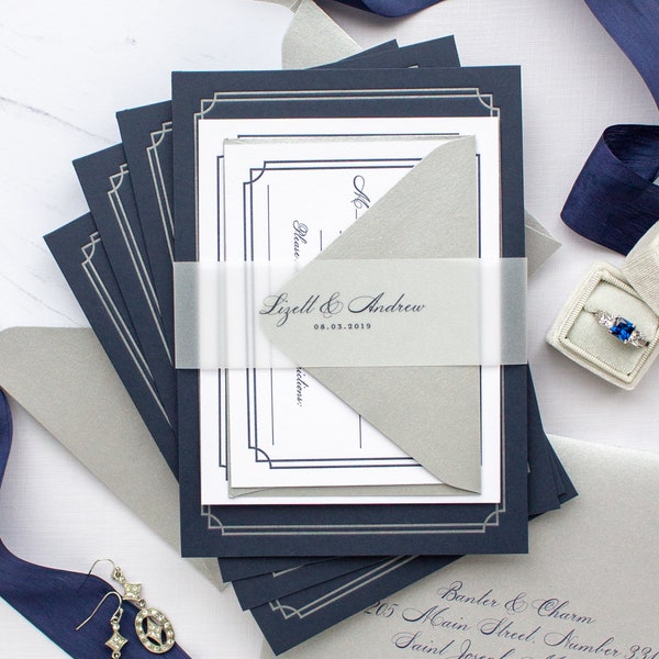 Navy Blue and Silver Wedding Invitations - Etsy