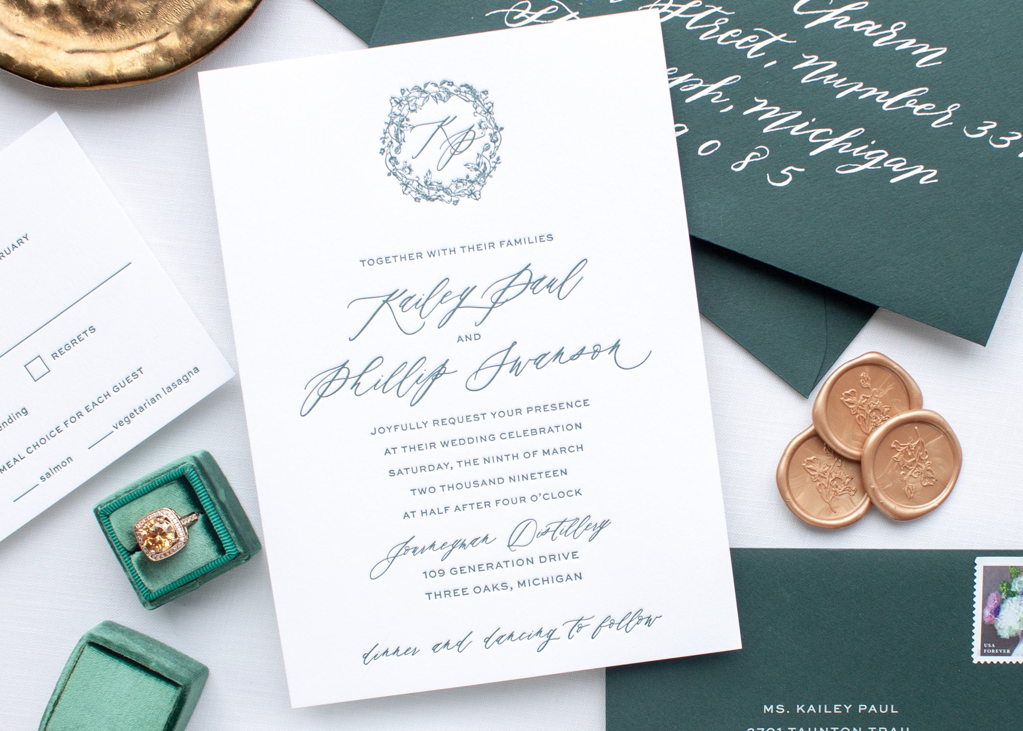 Custom Monogram Invitations in Green Letterpress, Wax Seal Invitation ...