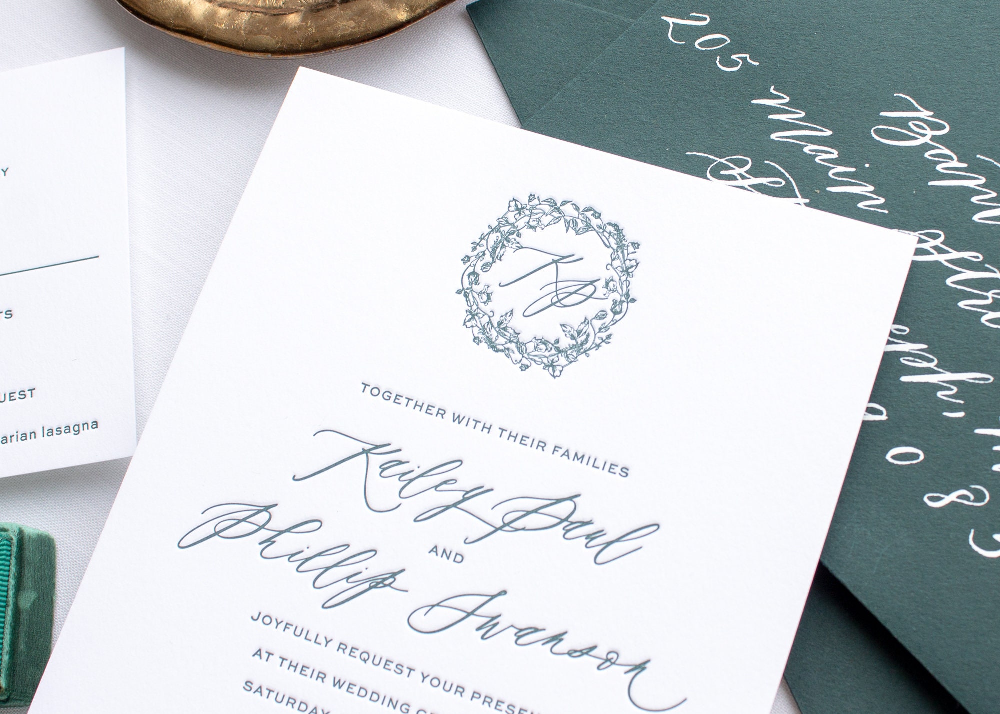 Custom Monogram Invitations in Green Letterpress, Wax Seal Invitation ...