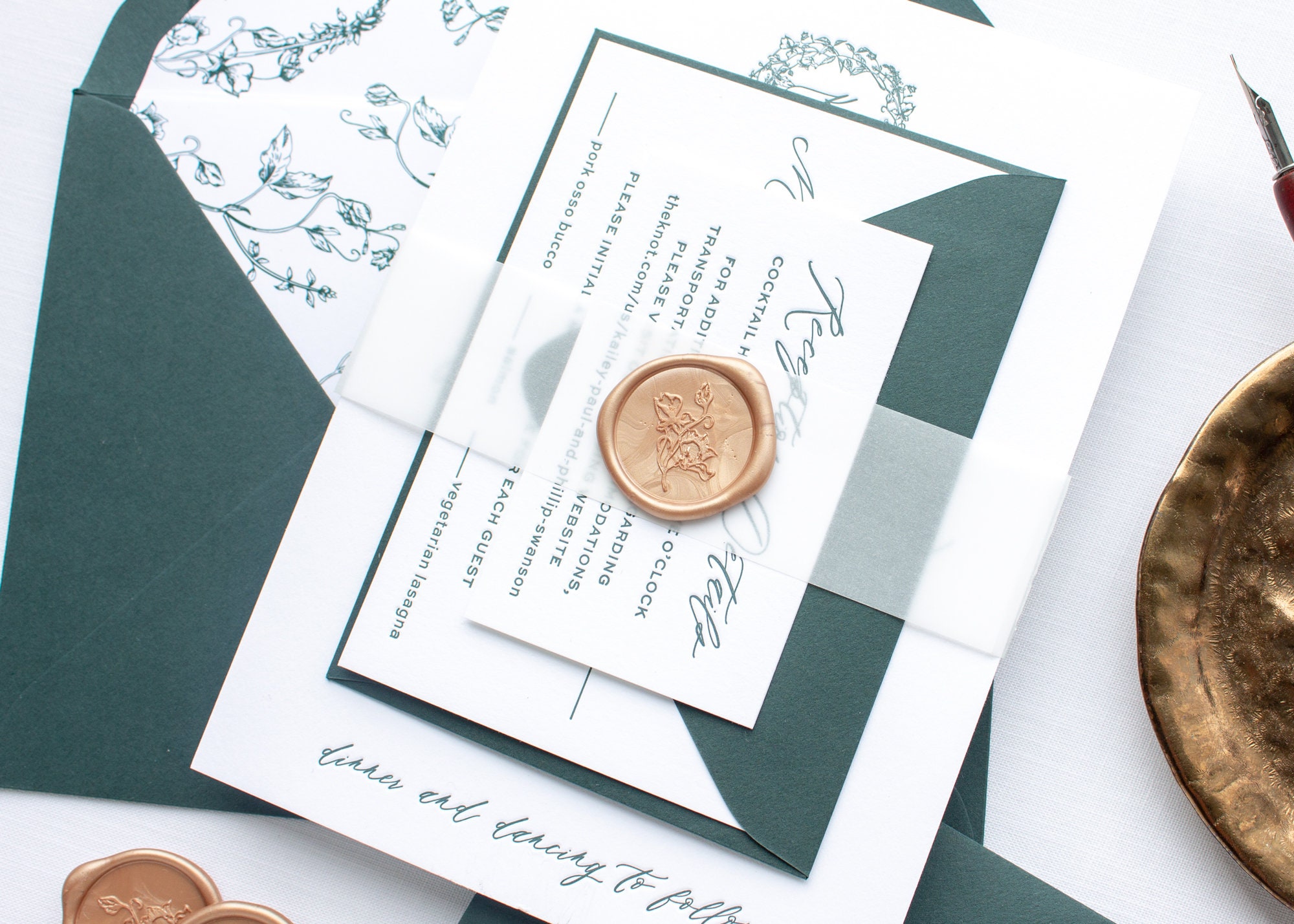 Custom Monogram Invitations in Green Letterpress, Wax Seal Invitation ...