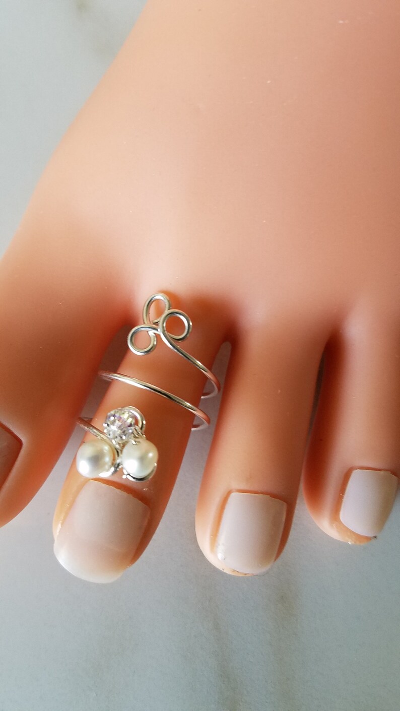 Toe Ring, Sterling Silver, Freshwater Pearls, Crystal - Etsy