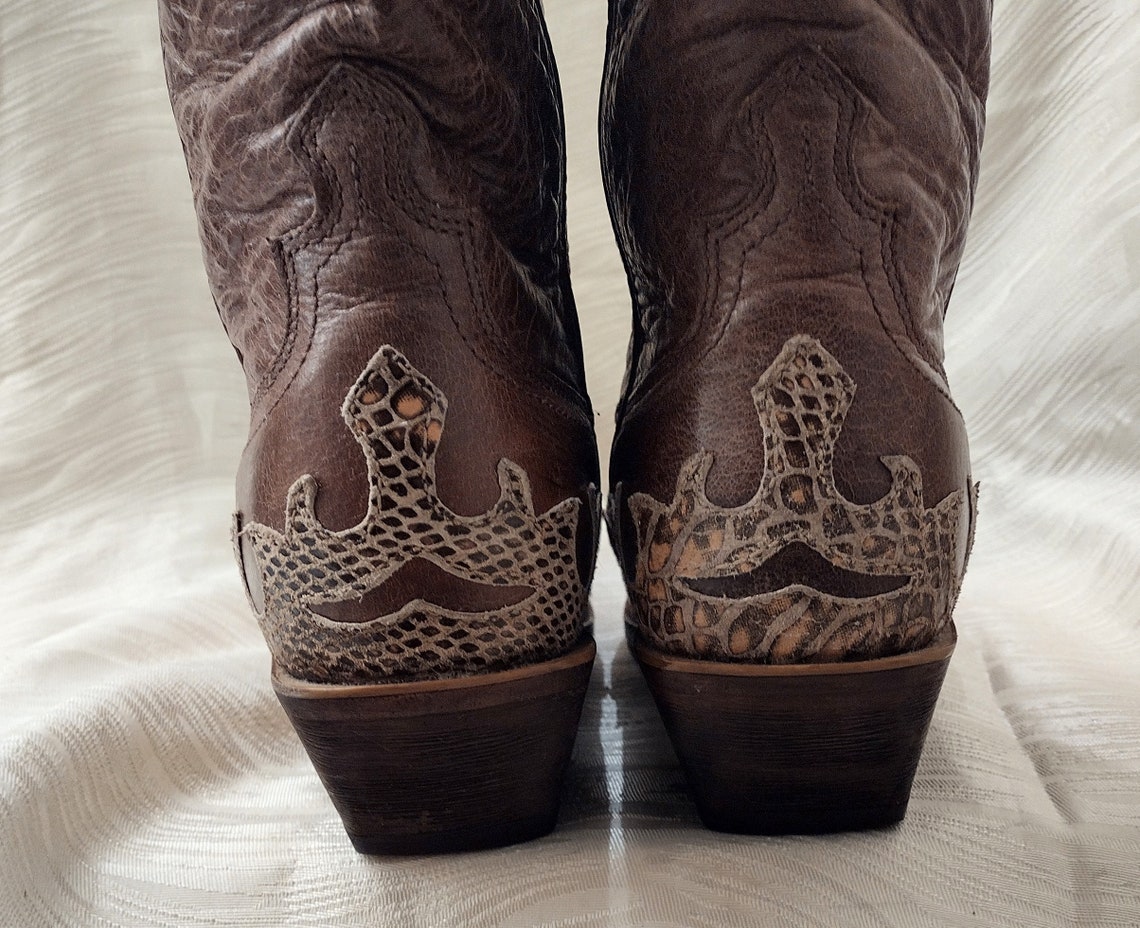 Women's Vintage Western Cowboy Boots 9B, Tan Leather, Faux Python ...