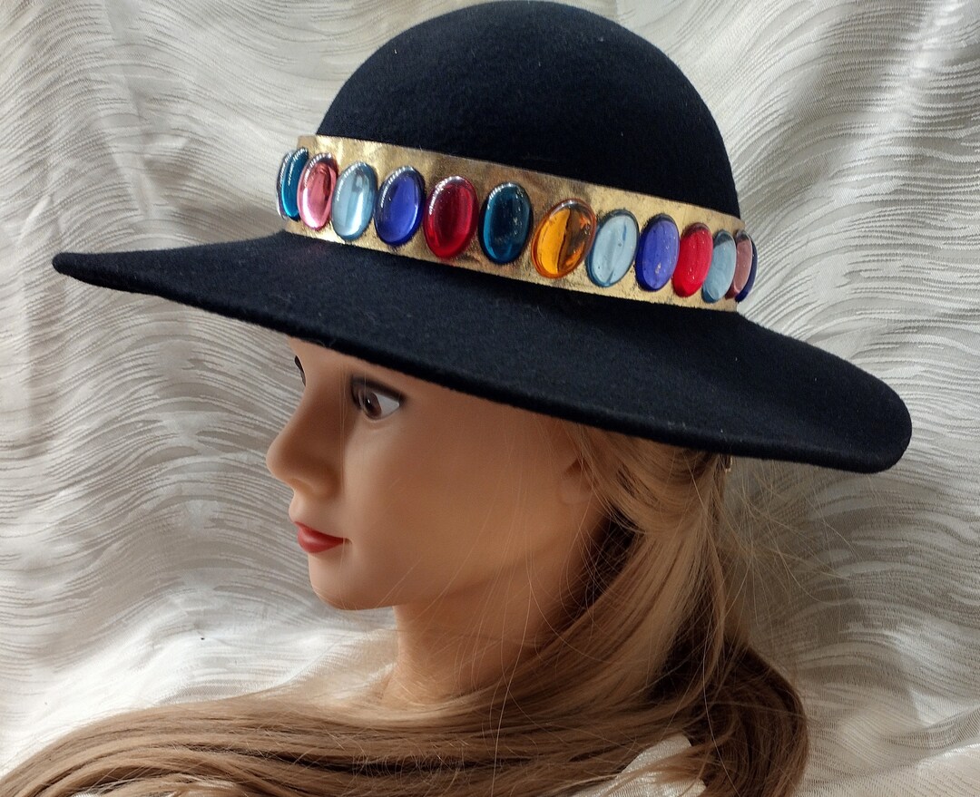 New Ladies Wide Brim Dress Hat, Black Wool With Jewel Covered Hat Band ...