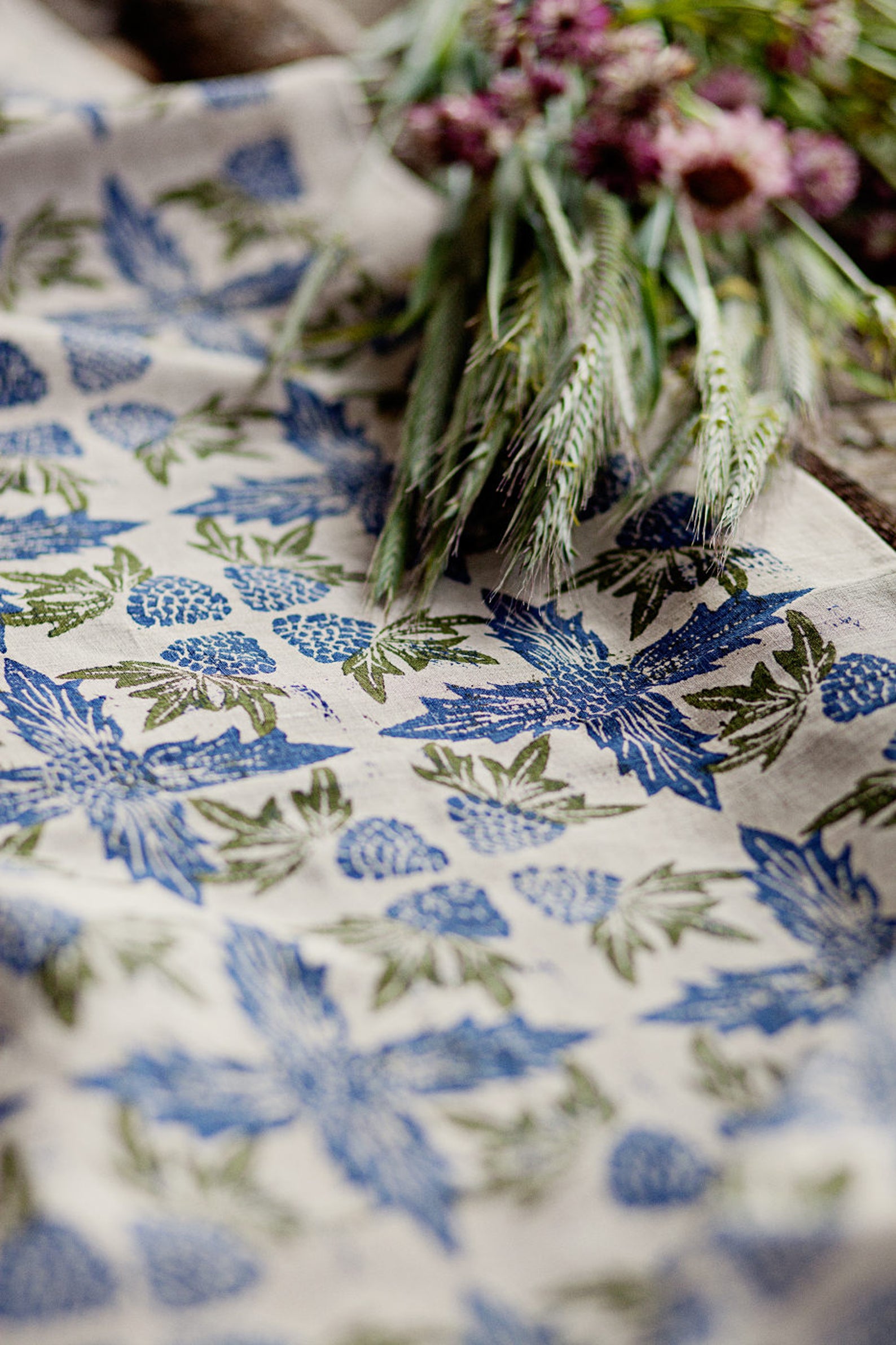 Linoblock Printed Linen Table Runner Seaside Eryngium Blue Olive Green ...