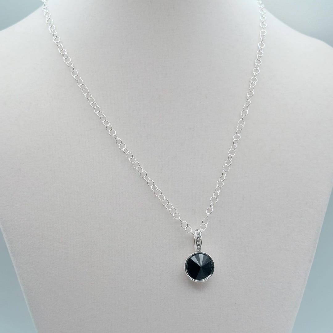 Jet Black Swarovski Crystal Rivoli Necklace, Rhinestone Accents, Silver ...