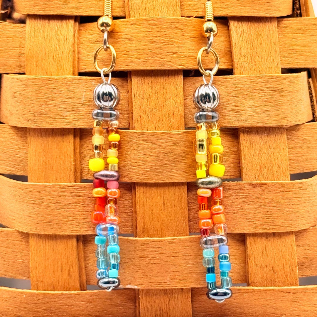 Boho Seed Bead Dangle Earrings: Yellow, Orange & Blue, Hypoallergenic ...