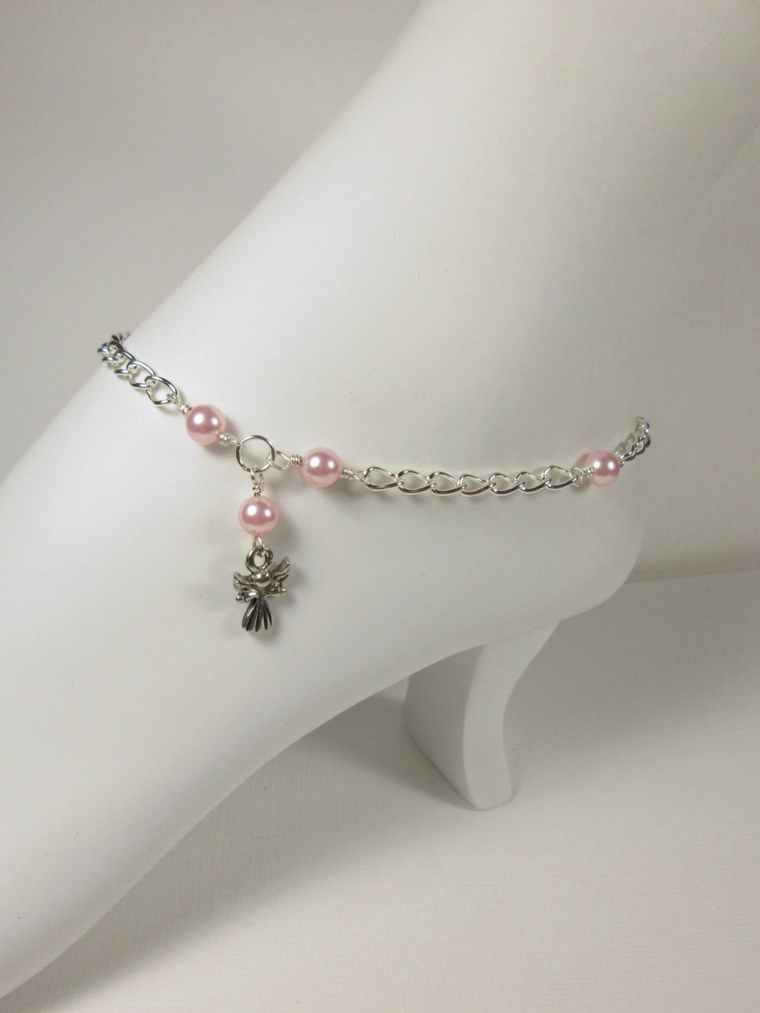 Pink Angel Anklet / Ankle Bracelet, Pink Swarovski Rose Pearl, Silver ...