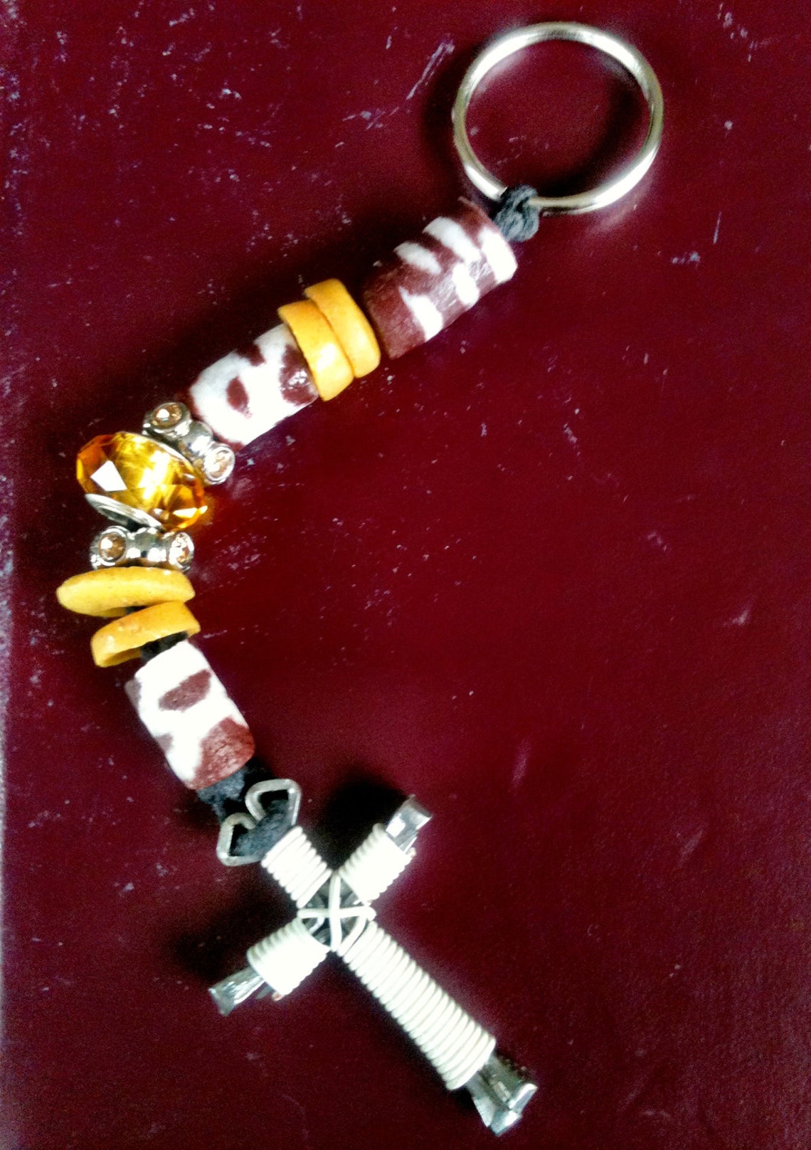 Earth Tone African Bead Keychain With White Wire Wrapped Bent Nail ...