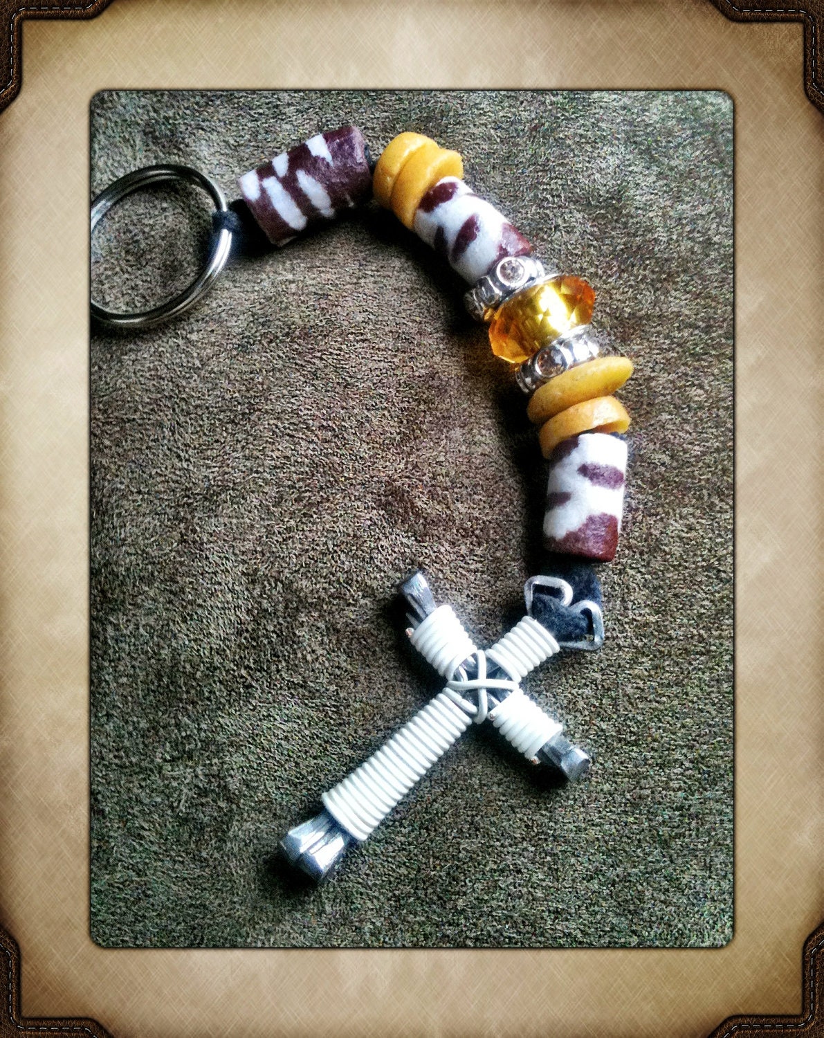 Earth Tone African Bead Keychain With White Wire Wrapped Bent Nail ...