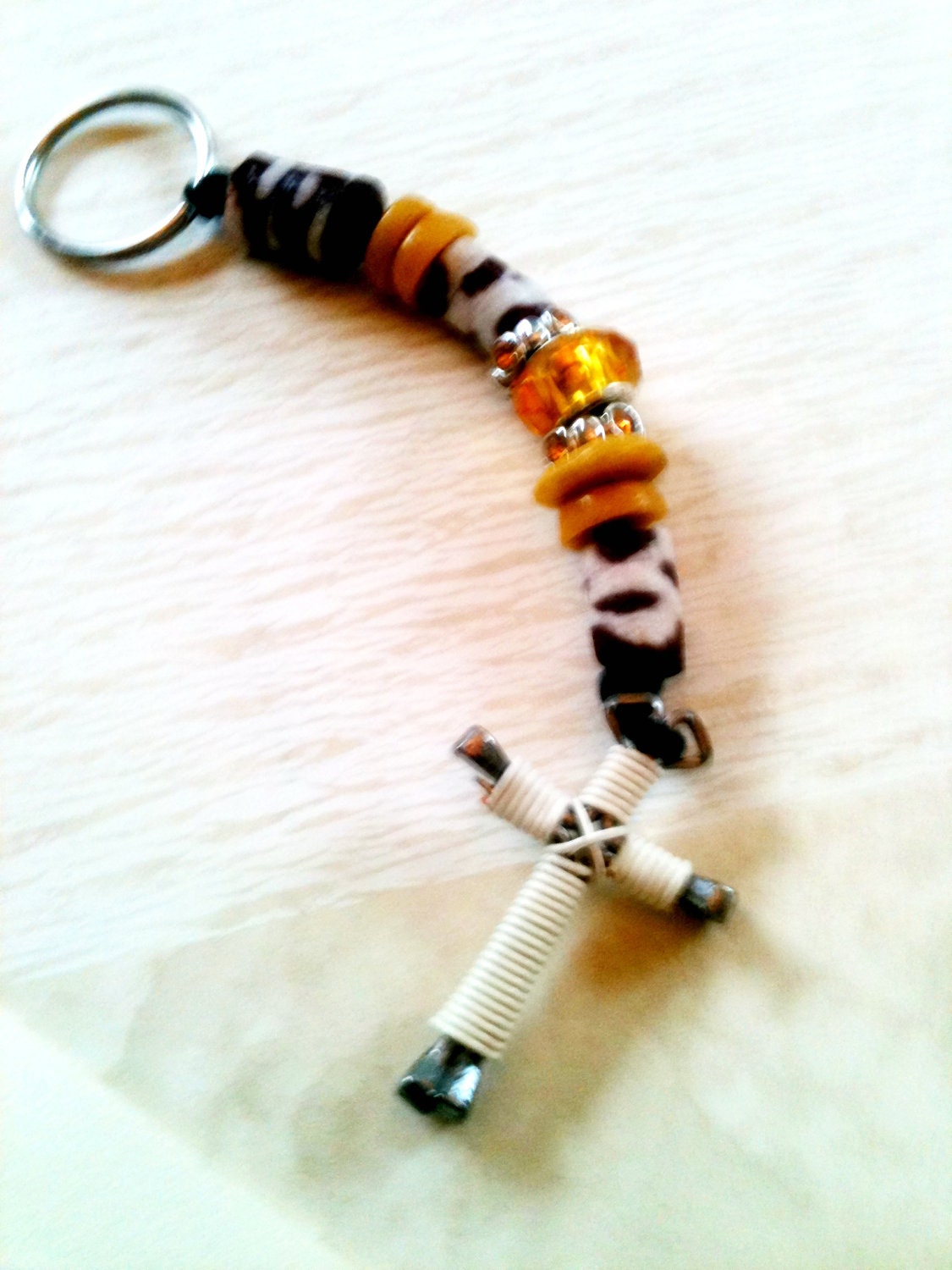 Earth Tone African Bead Keychain With White Wire Wrapped Bent Nail ...