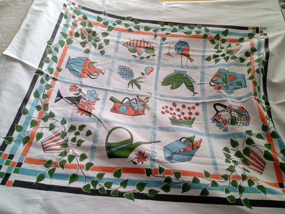 Modernist Tablecloth Midcentury Tablecloth White Black Tangerine Blue ...