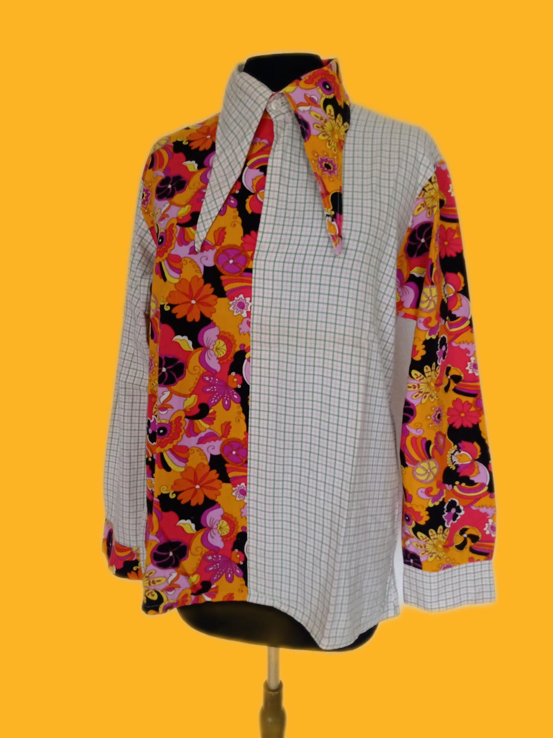 Vintage 70s Shirt Bright Floral Checkered Pattern Cotton Fabric and ...