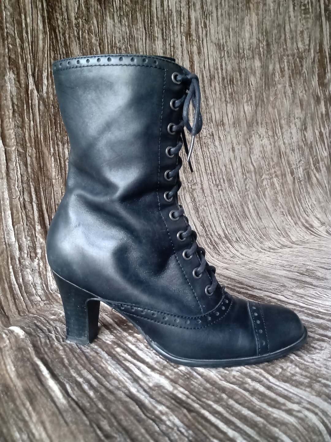 Black Lace up Boots Granny Boots Victorian Boots Spool Heel Boots ...