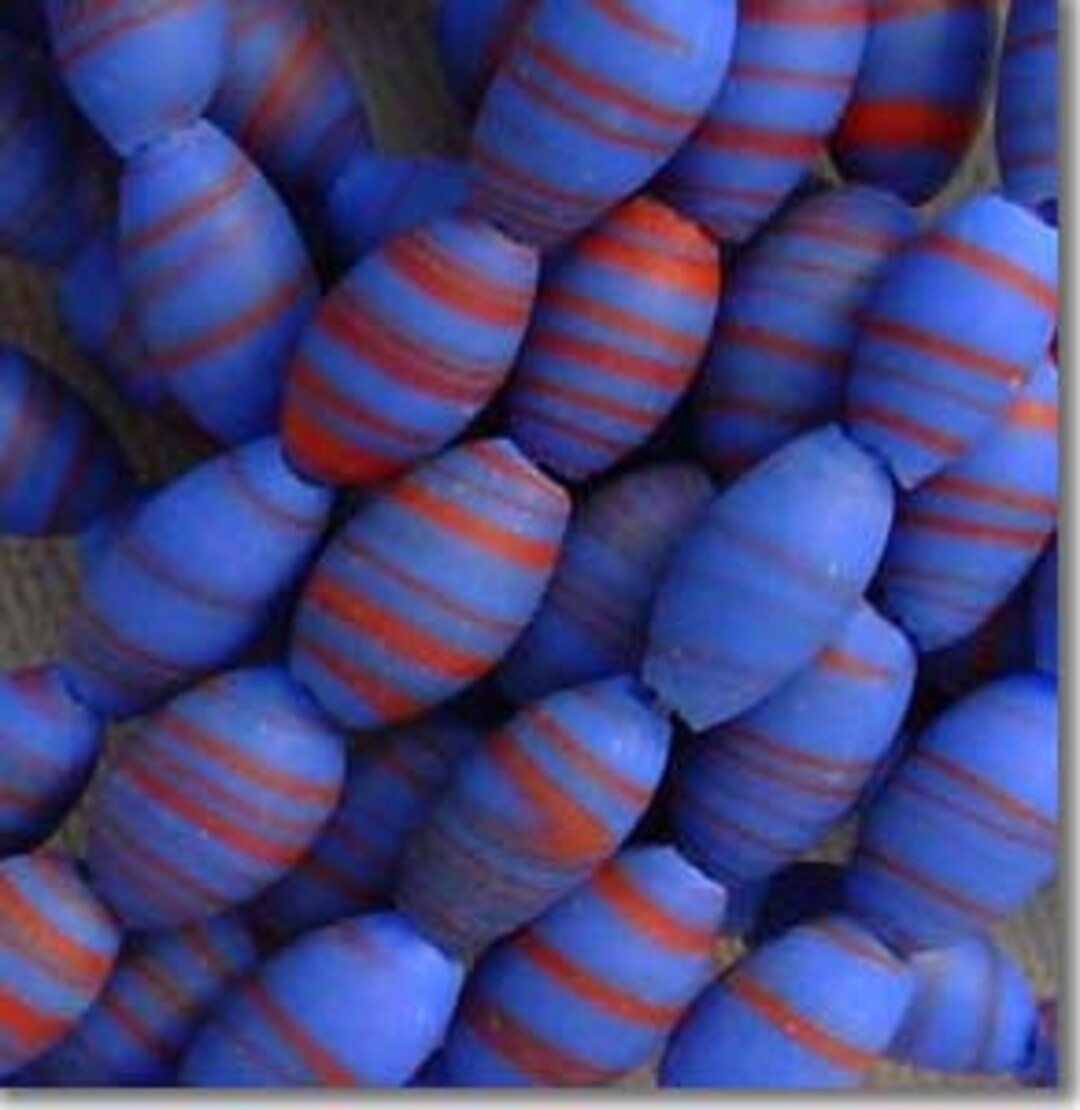 25 Vintage Matte Blue Red Striped Japan Oval Glass Beads 6070 - Etsy