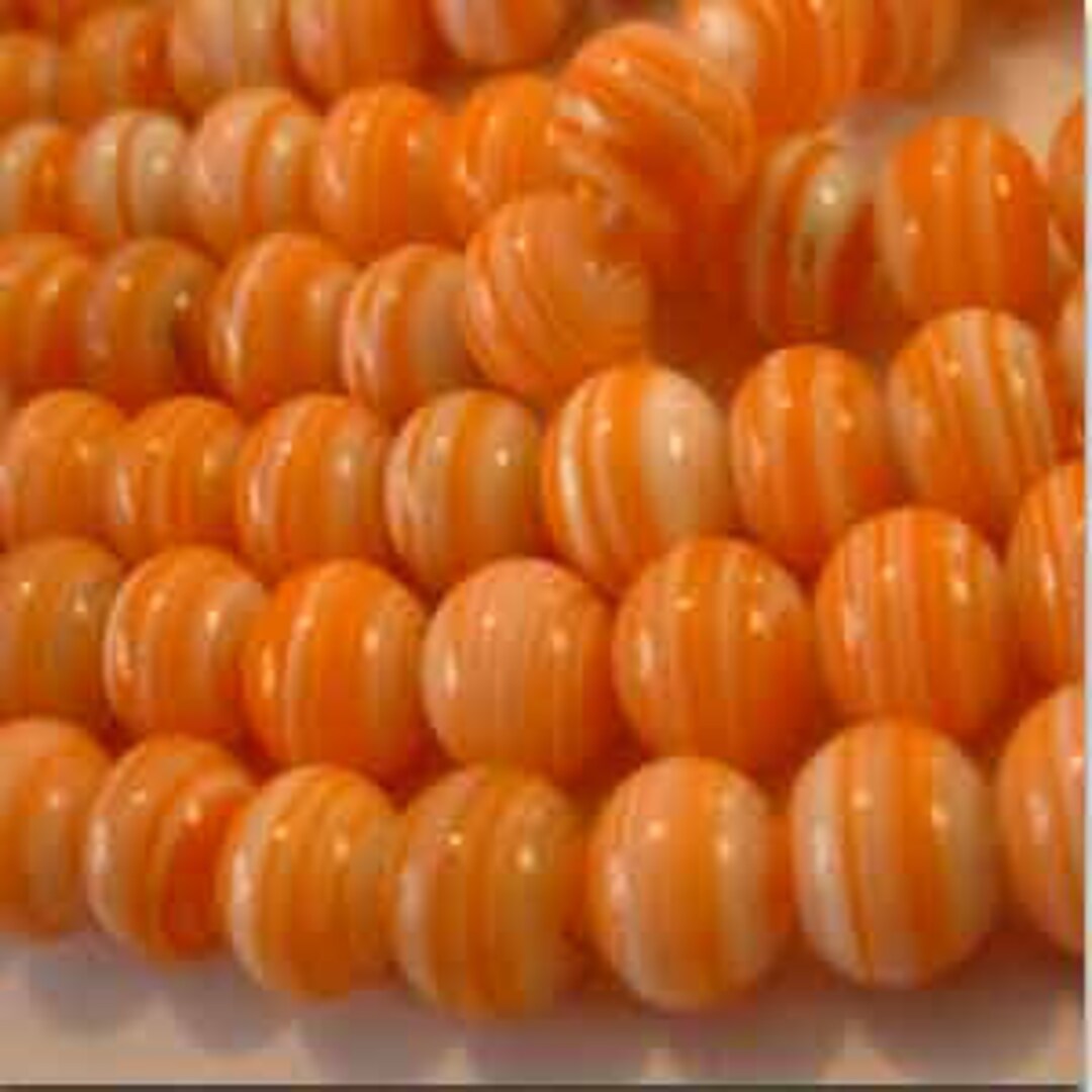 8 Vintage Japan Bright Orange Striped Round Glass Beads Cherry Brand ...