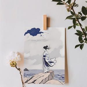 Minimalist Line Art of a Japanese Woman on a Cliff Illustration ...