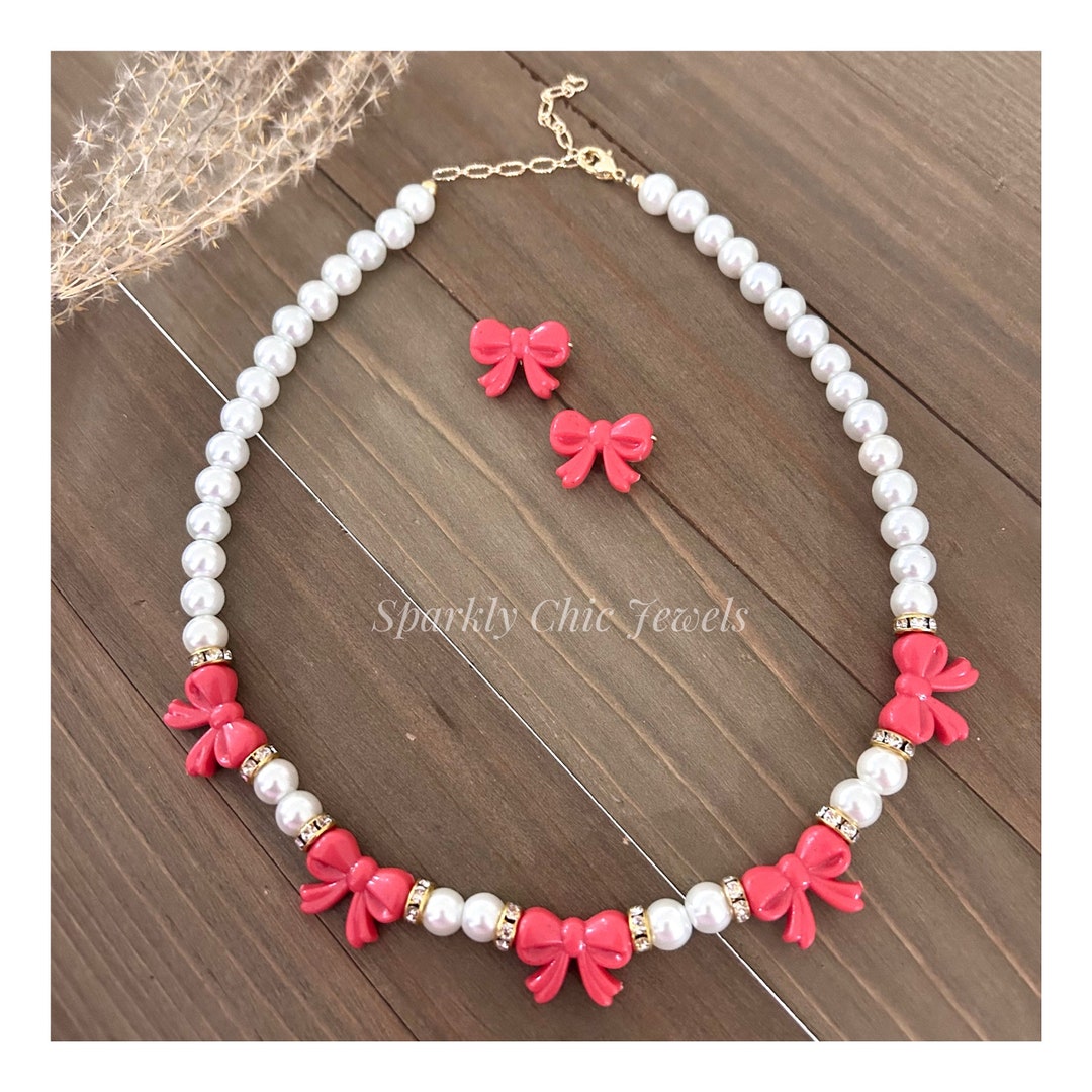 Red Bow Pearl Necklace, Red Bow Necklace, Bow Necklace, Pearl Necklace ...