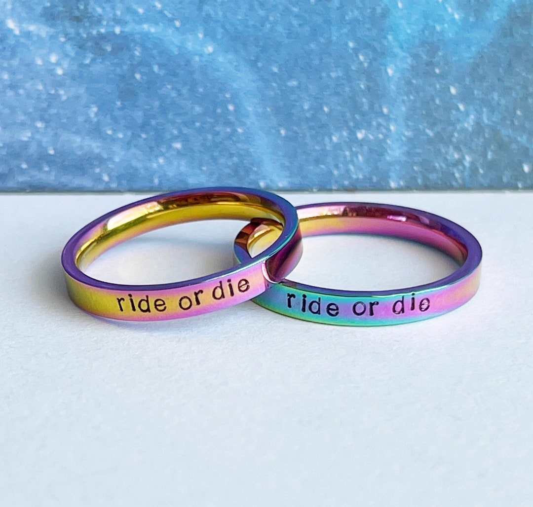 Ride or Die Rings, Best Friend Rings, Rainbow Ring Set, Metal Stamped ...