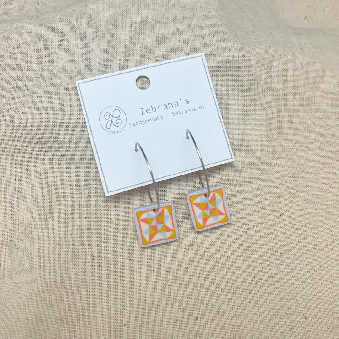 Stainless Steel Wire Hoops With Square Tile Clay Charm CORAL PINK ...