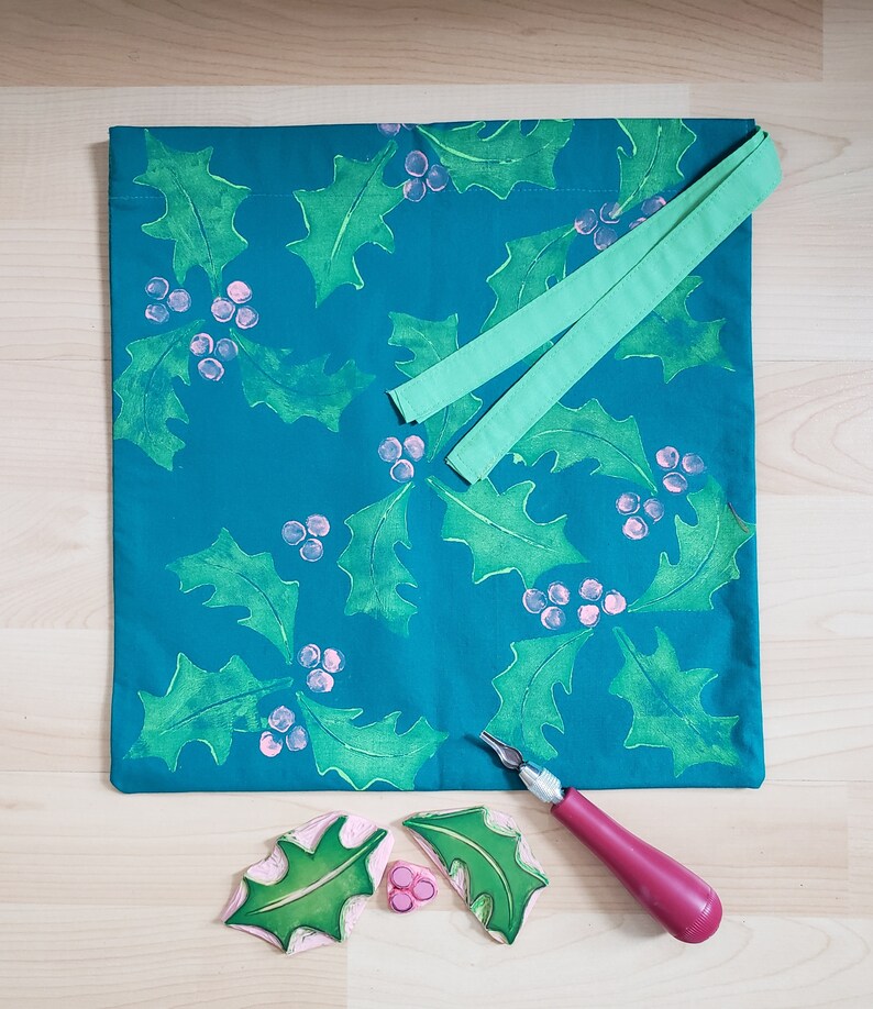 Holly Fabric Gift Bag, Hand Printed Design, Reusable Bag, Hand Sewn ...