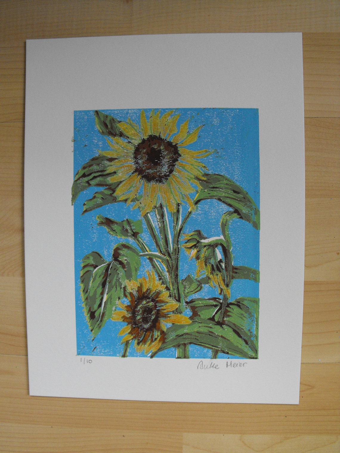 Sunflowers original 6 colour reduction linocut block print | Etsy