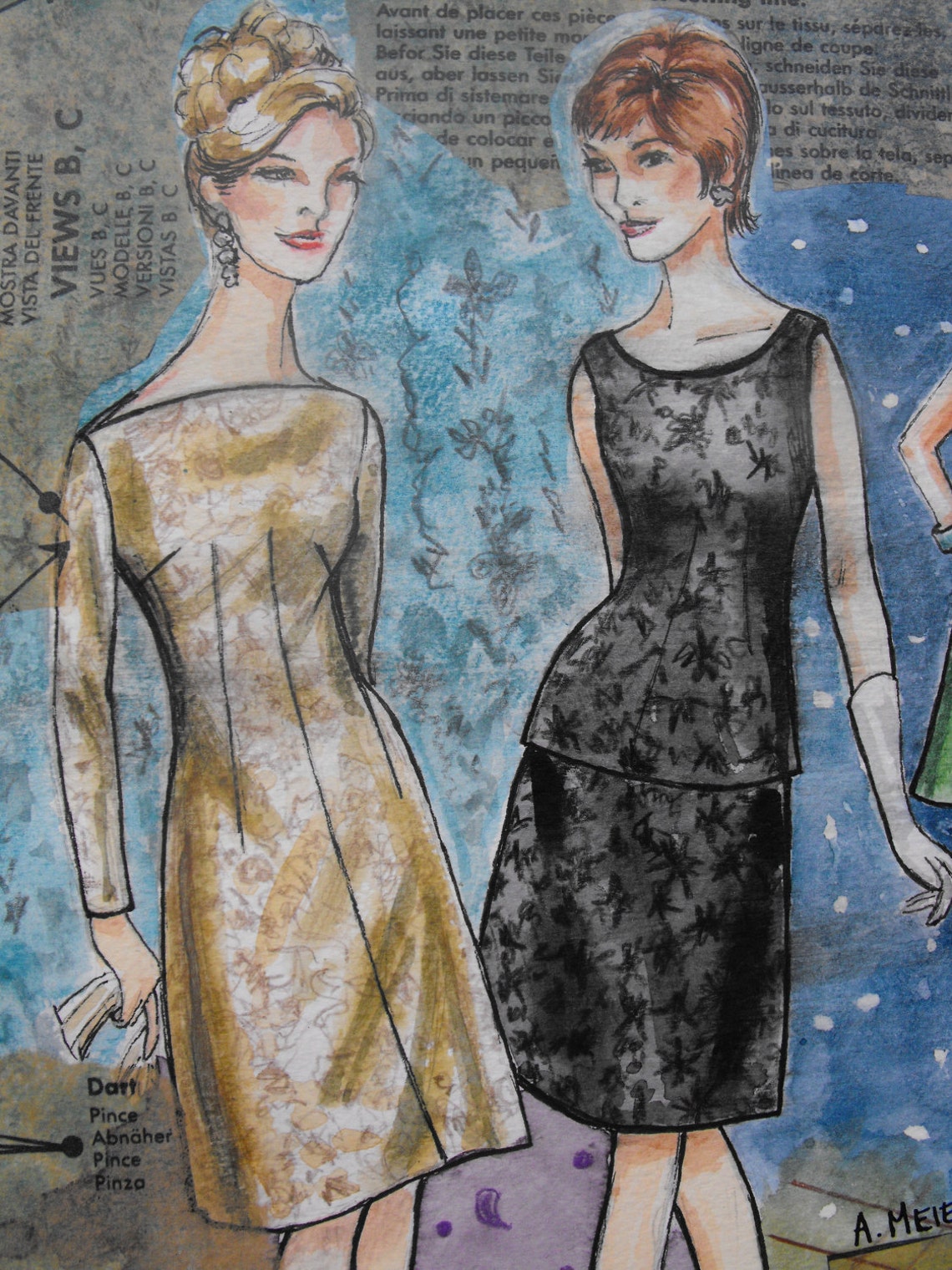 Sewing pattern collage sixties Mad Men fashion illustration | Etsy