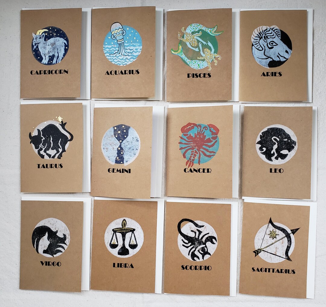 Zodiac Birthday Cards, Set of 12 Cards, Original Handmade Linocut Block ...